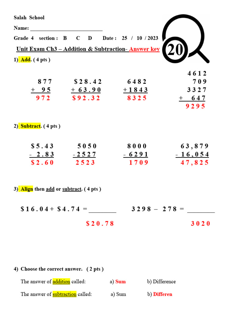 Unit Exam Ch3 - Addition & Subtraction - Answer Key | PDF