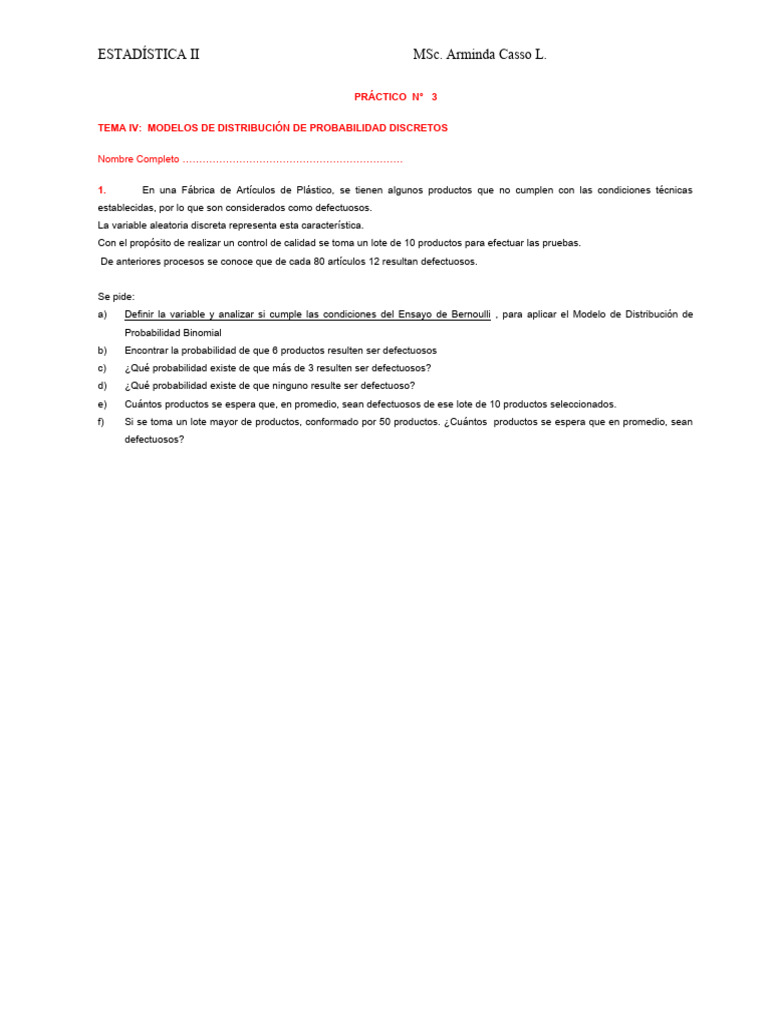 Práctic0 #3 Mod. Distribución Prob. Discretos | PDF | Probabilidad | Variable aleatoria