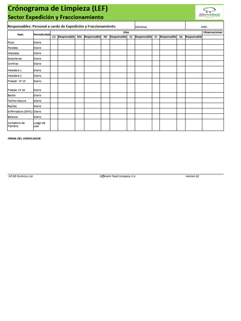 Planillas de Limpieza Comedor Industrial | PDF