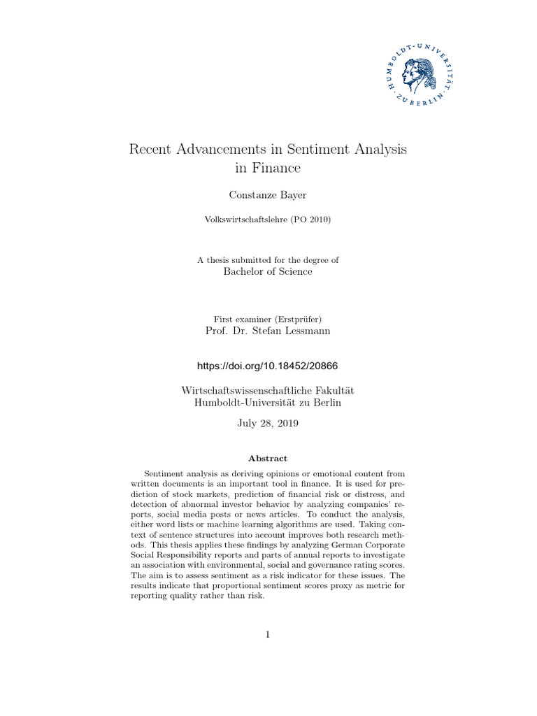 Recent Advancements in Sentiment Analysis in Finance Constanze Bayer Student Register (Matrikel ...