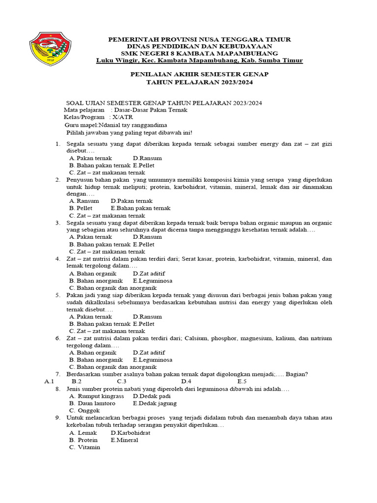 Soal Pakan Ternak Pas Kelas X | PDF | Teknologi & Rekayasa