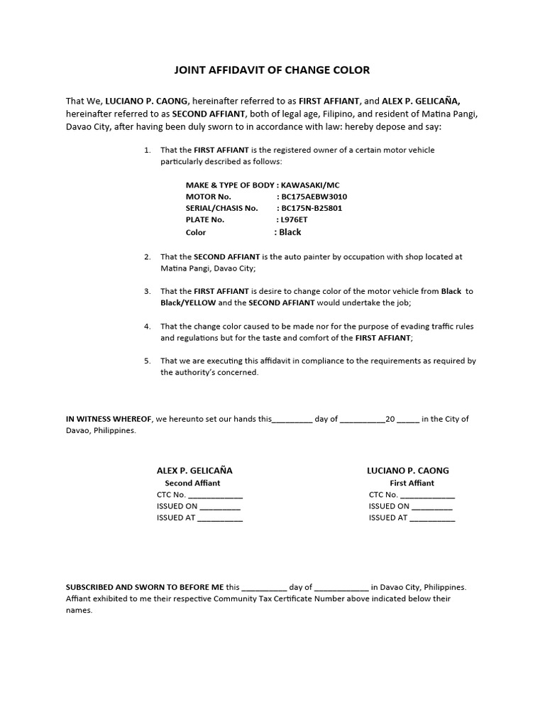 Joint Affidavit of Change Color | PDF