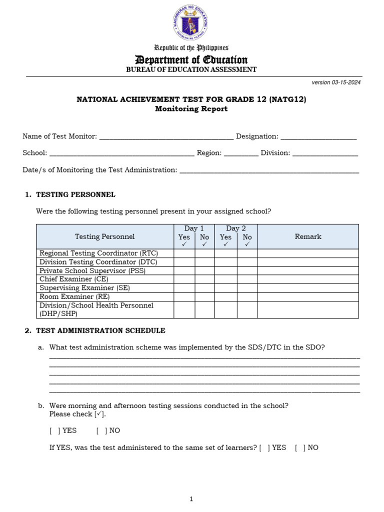 Grade 12 National Achievement Test Report | PDF