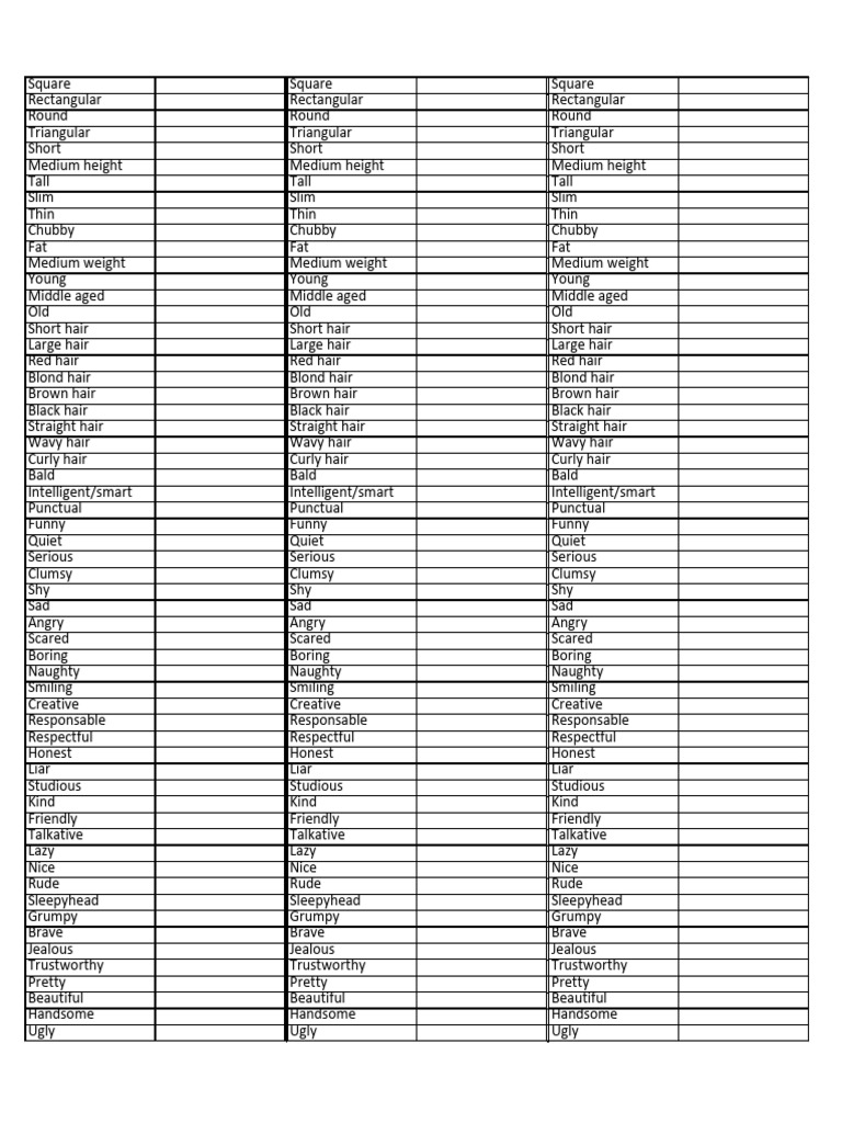 ADJECTIVES | PDF | Hair | Human Head And Neck