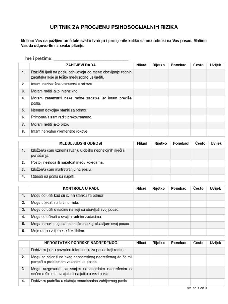 Upitnik - Psihosocijalni Rizici Na Radnom Mjestu | PDF