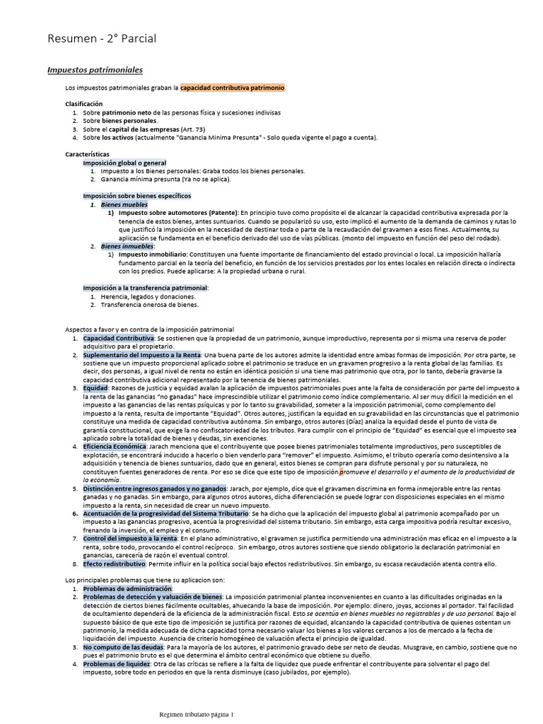 Regimen Tributario - Resumen 2° Parcial | PDF | Impuestos | Impuesto sobre la renta