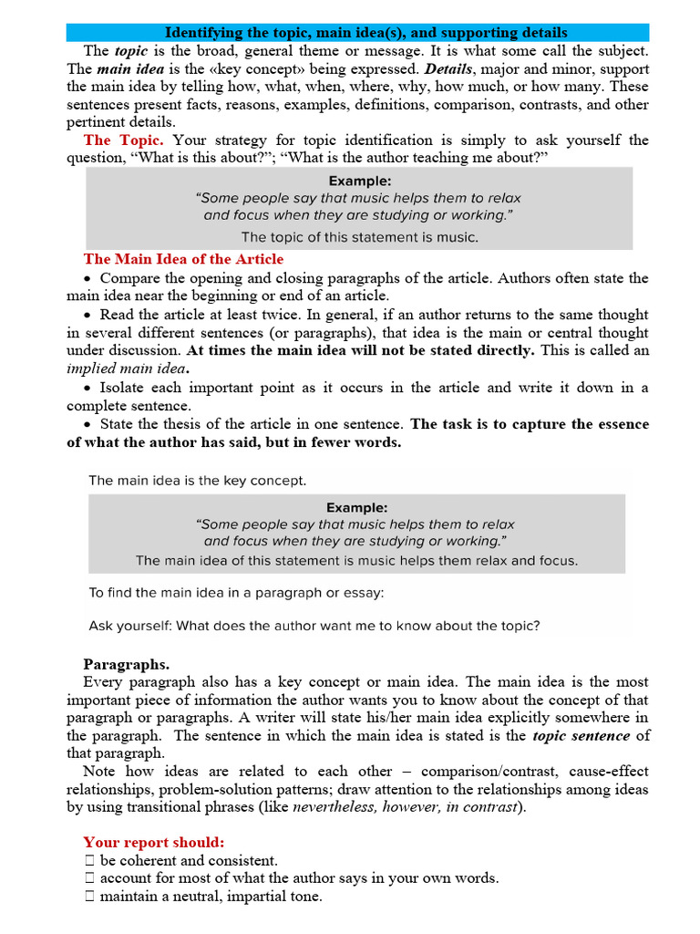 Identifying The Topic, Main Idea(s), and Supporting Details | PDF ...