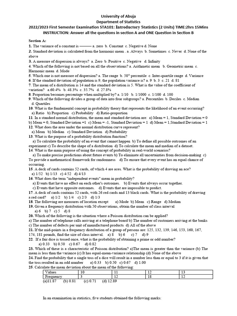 STA 101 Exam INTRODUCTORY STATISTICS QUESTIONS 2022_2023 | PDF | Mean ...