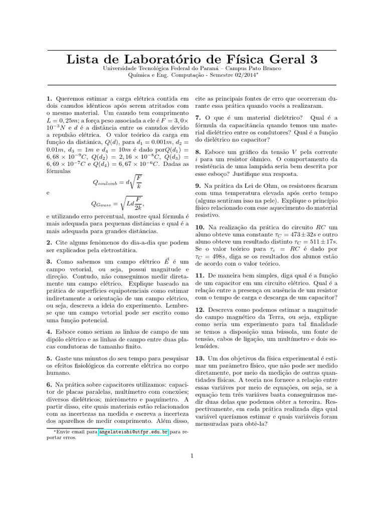 Lista Lab Fis3 | PDF | Eletricidade | Capacitor
