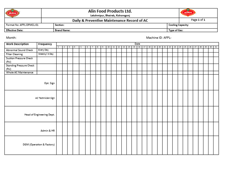 AC Maintenance Record Template | PDF