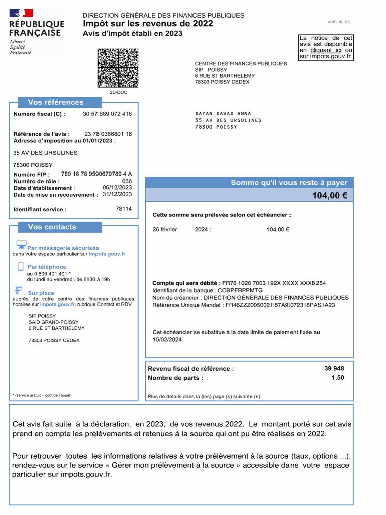 Avis D Impot 2023 Sur Les Revenus 2022 | PDF