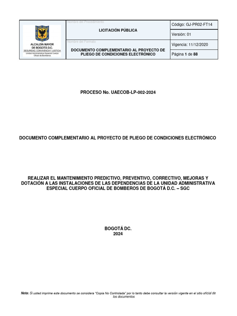 Docum Complementario Proyecto Pliego - Uaecob-Lp-002-2024 | PDF