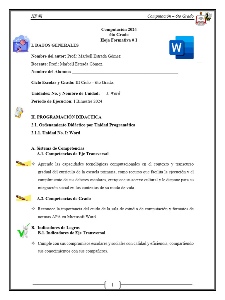 Computación 2024, 6to Grado. Hoja Formativa 1 | PDF | Microsoft Word | Estilo apa