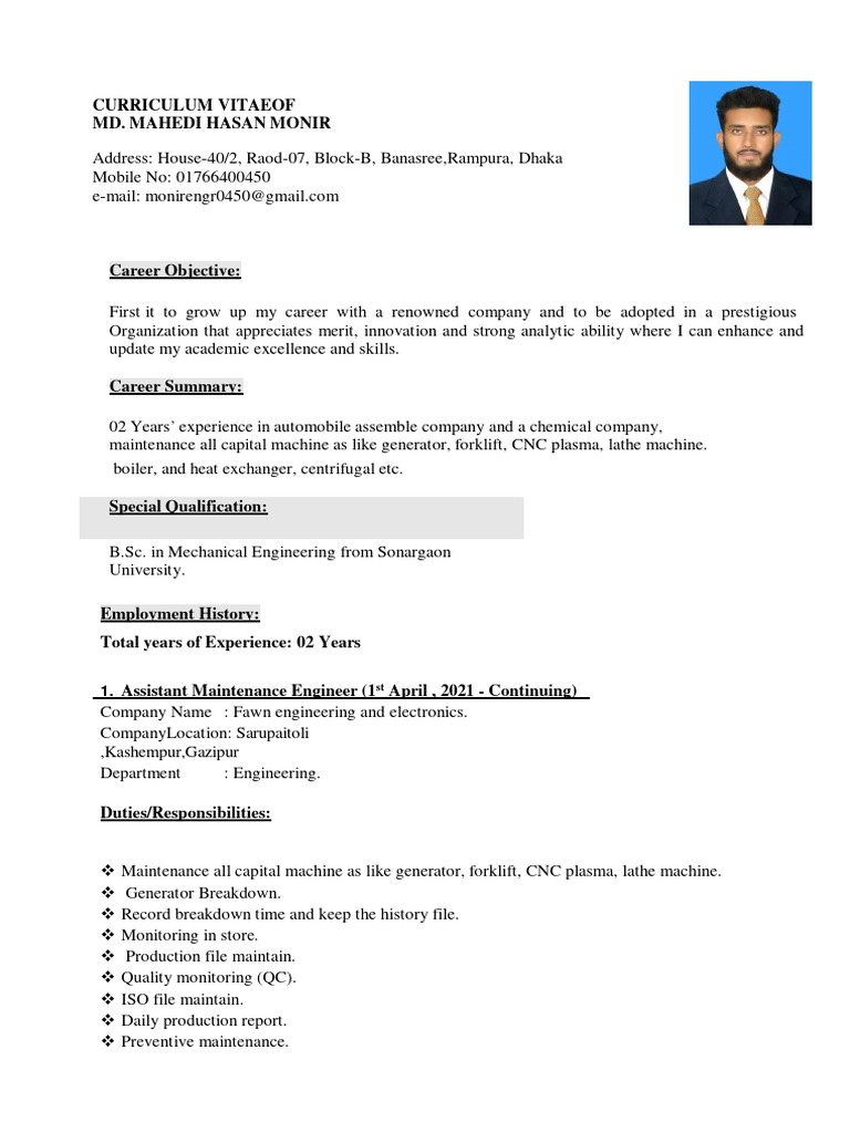 CV of Mehedi Hasan Monir - 2 | Download Free PDF | Engineering | Mechanical Engineering