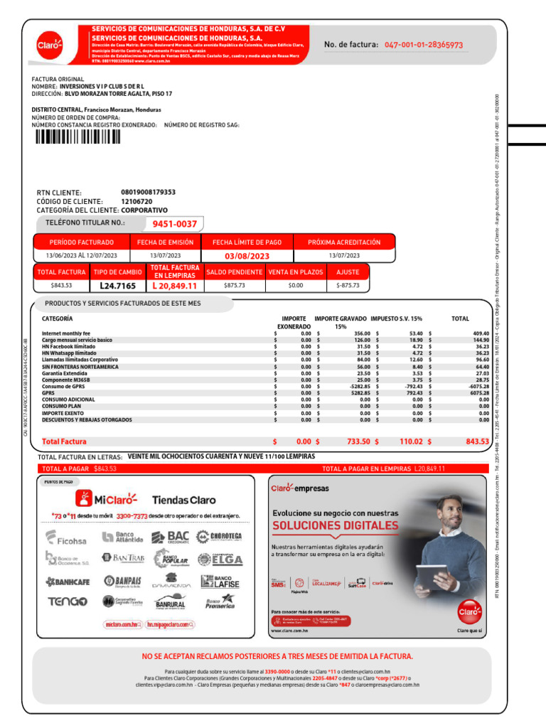 Servicio de Comunicacion de Honduras 047-001-01-28365973 | PDF | Factura