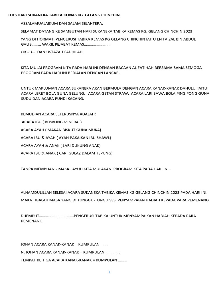 Hari Sukaneka Tabika Kemas 2023 | PDF