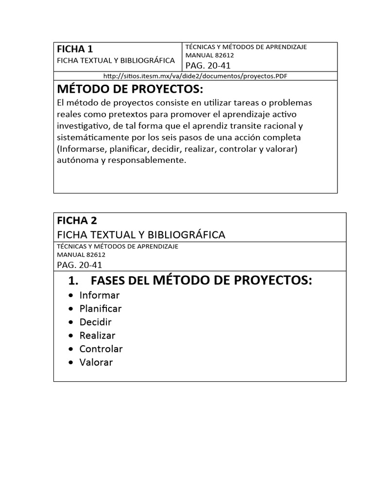 Fichas Del Método de Proyectos | PDF | Aprendizaje | Evaluación