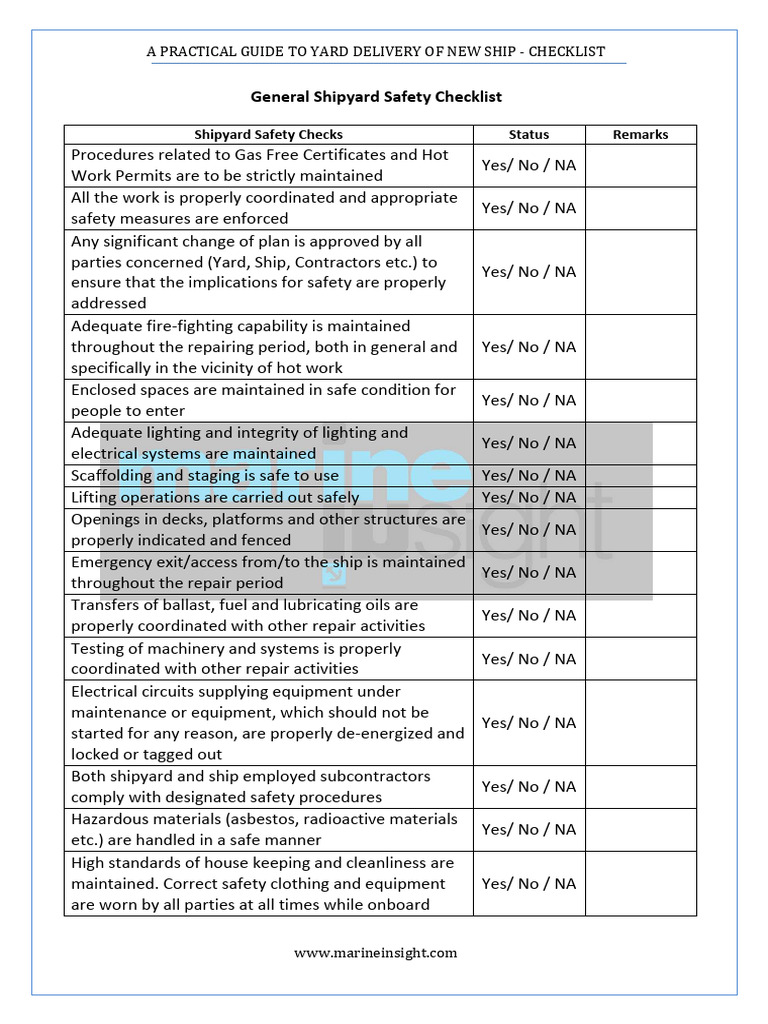 General Shipyard Safety Checklist | PDF | Safety | Ships