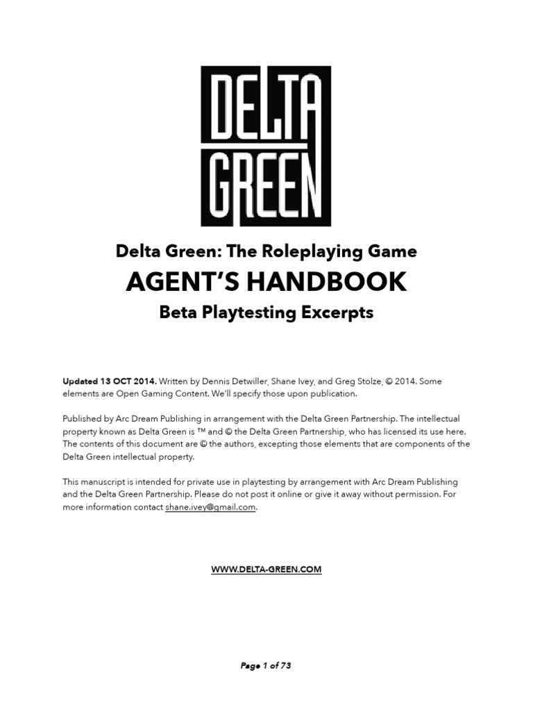 Agent'S Handbook: Delta Green: The Roleplaying Game Beta Playtesting ...