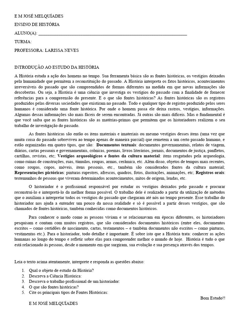 Atividade de Hist EJA 3 & 4 - 2022.1 | PDF | Historiador | Arqueologia
