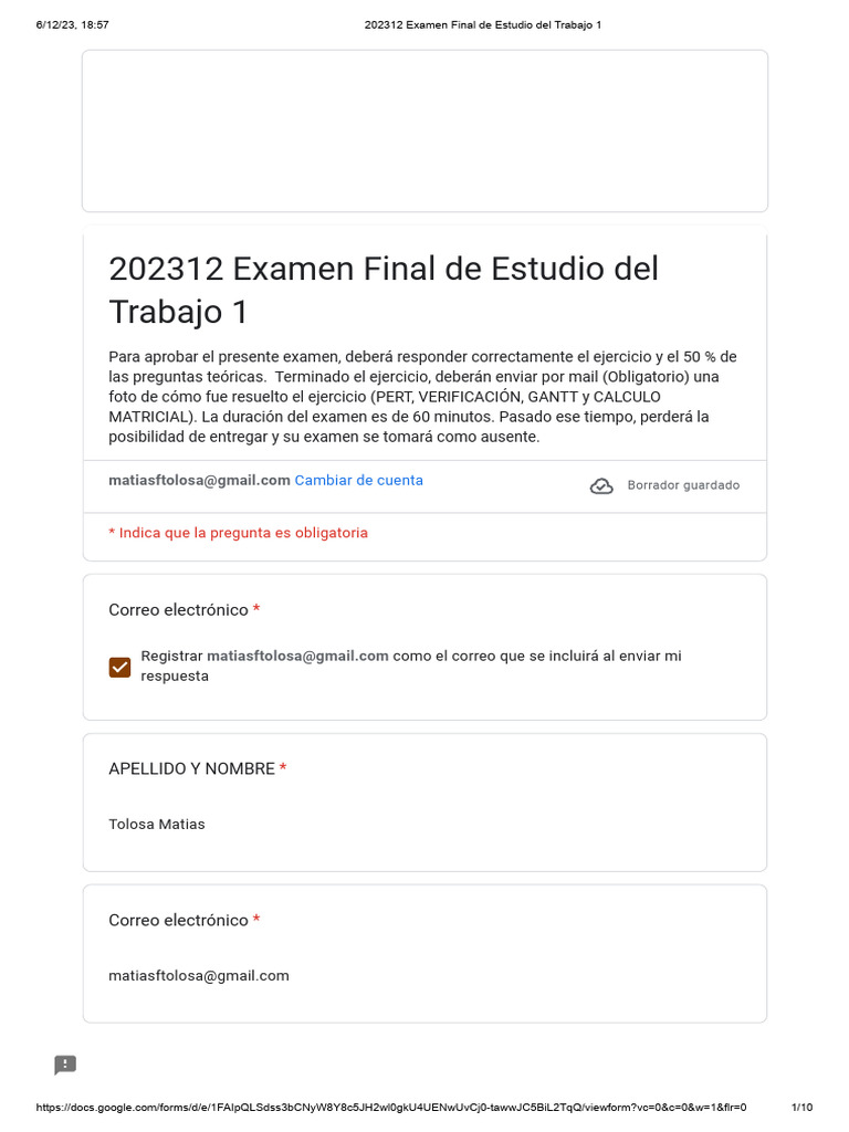 Examen Final de Estudio Del Trabajo 1 | PDF