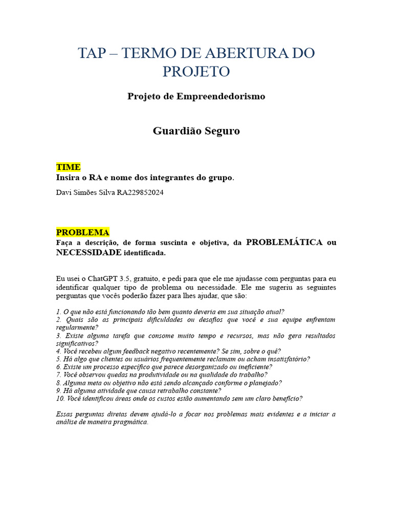 TAP do Projeto Guardião Seguro | PDF | Segmentação de mercado | Comentários