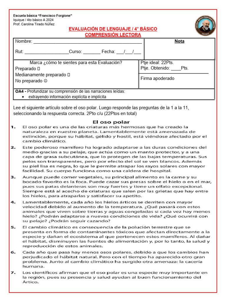 Evaluación Comprensión Lectora | PDF | Oso polar | Osos