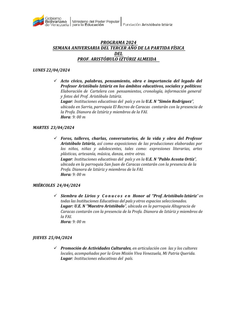 Programa Semana Aniversario 2024 | PDF | Venezuela