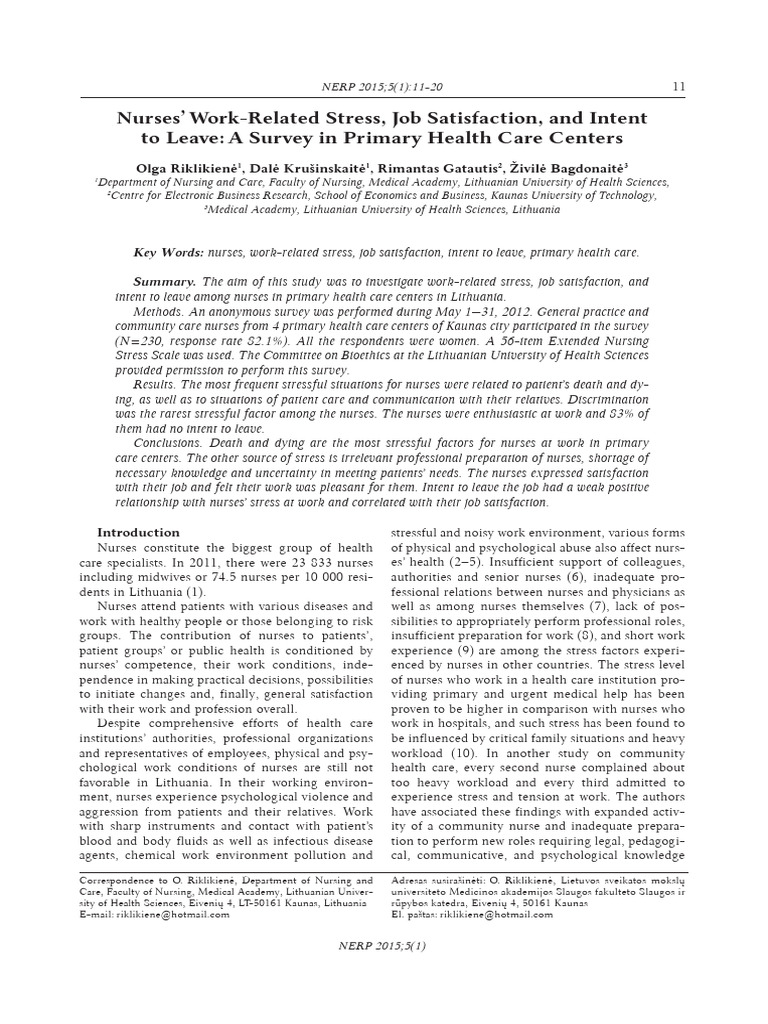 Nurses' Work-Related Stress, Job Satisfaction, and Intent To Leave: A ...