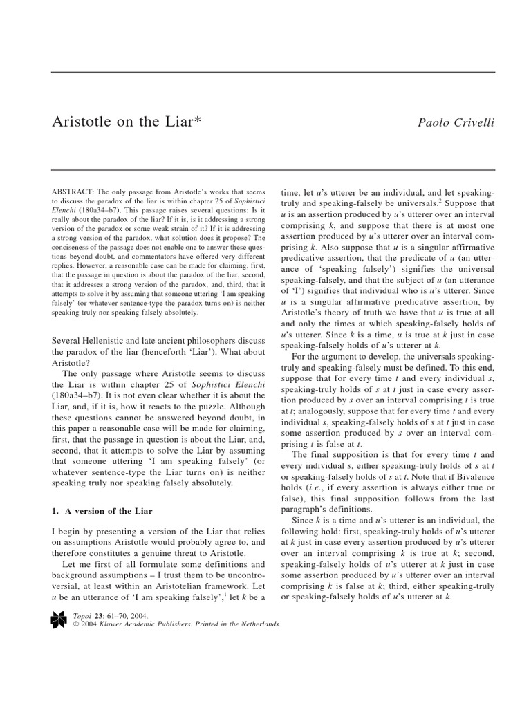 Aristotle's Take on the Liar Paradox | PDF | Argument | Paradox