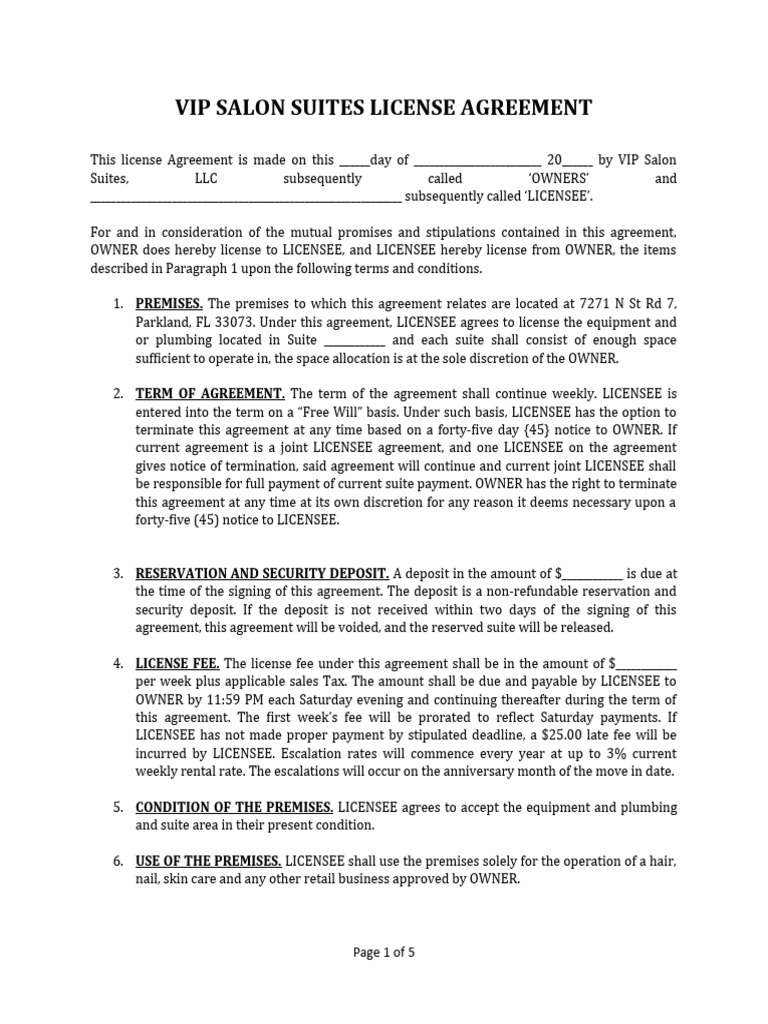 VIP Salon Suites License Agreement | PDF | Landlord | Lease
