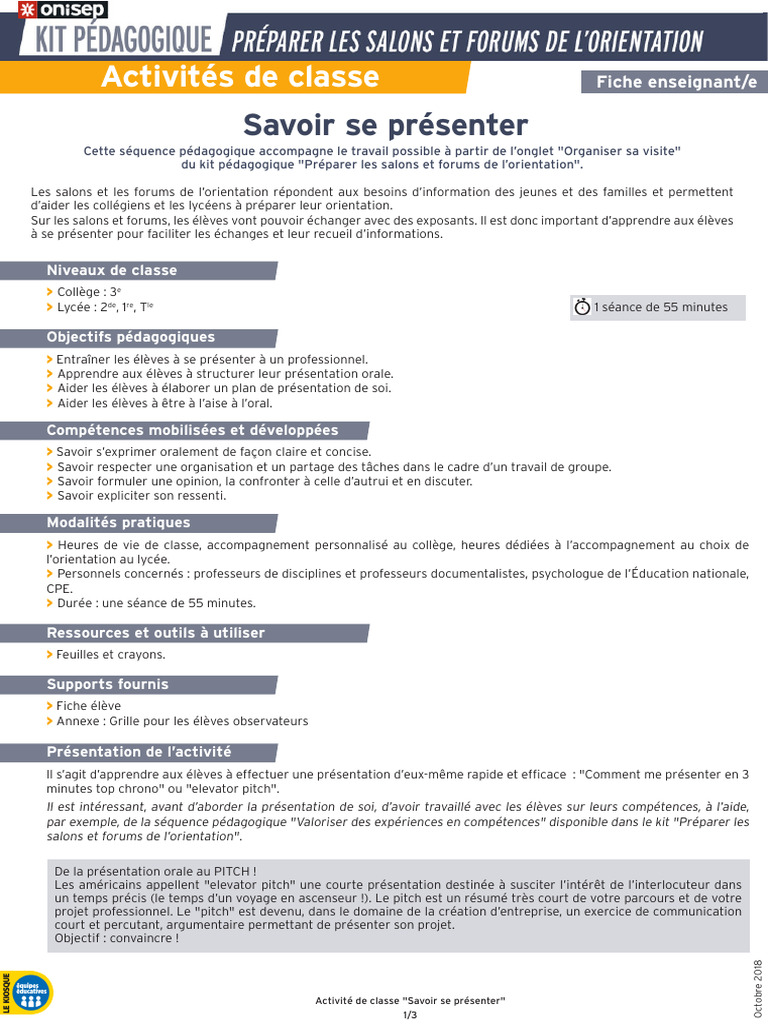 Activité : Savoir se présenter en classe | PDF | Pédagogie