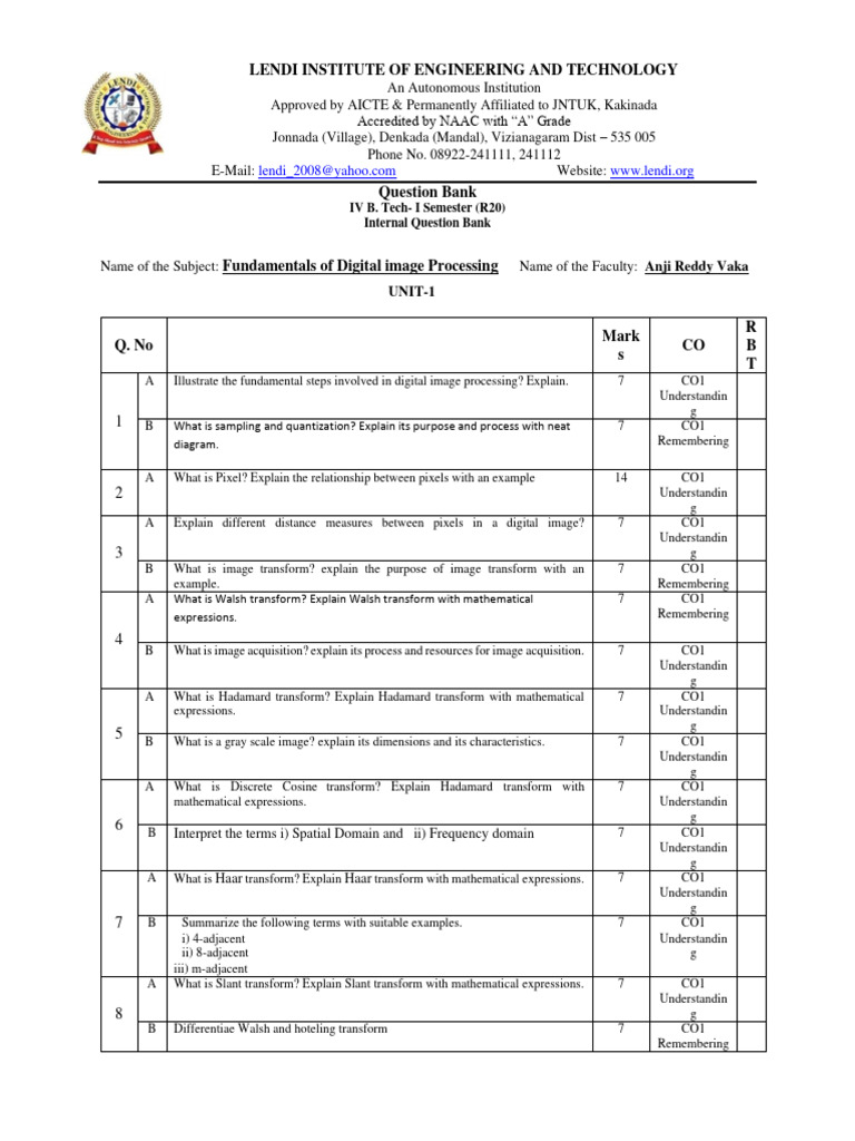 Question Bank Internal Image Processing | PDF | Data Compression | Telecommunications Engineering