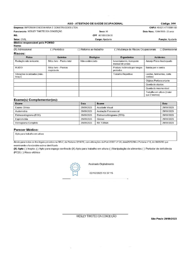 MODELO ASO E TREINAMENTO | PDF