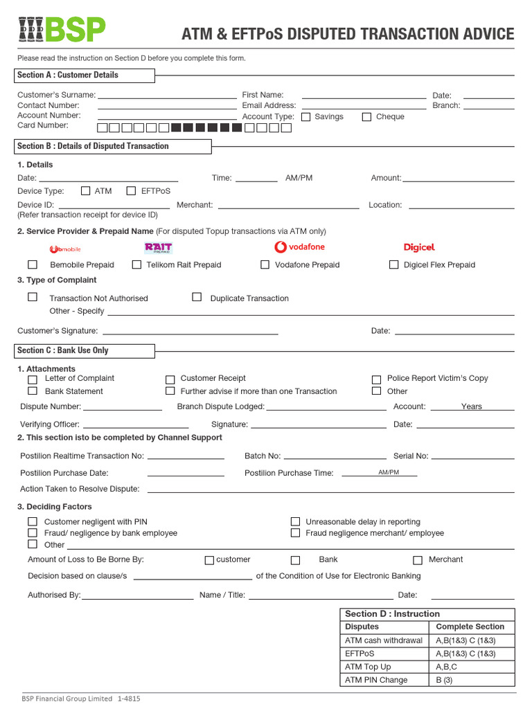 ATM and EFTPOS Disputed Transaction Advice | PDF | Automated Teller ...