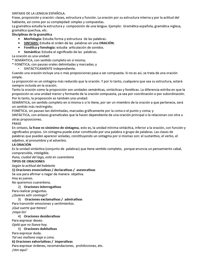 Sintaxis de La Lengua Española | PDF | Oración (Lingüística) | Sintaxis