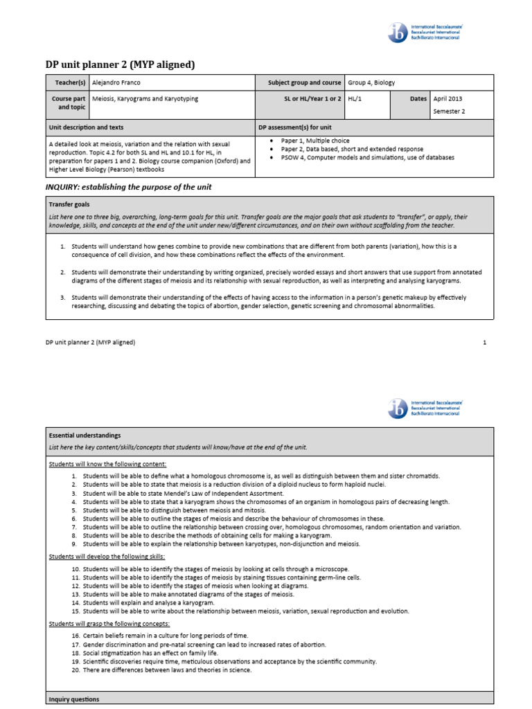 Example of Biology Unit Plan Using Planner 2 | PDF | Meiosis | Karyotype
