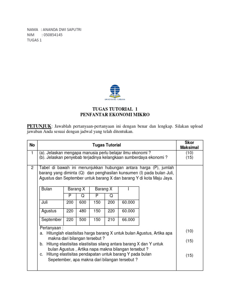Tugas 1 Matkul Pengantar Ekonomi Mikro | PDF Tugas 1 Matkul Pengantar Ekonomi Mikro | PDF
