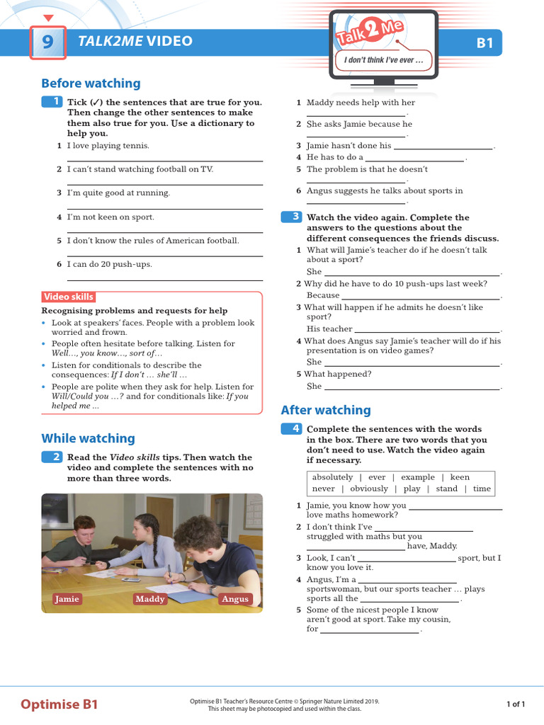 OPT B1 T2M Unit 9 Worksheet | PDF