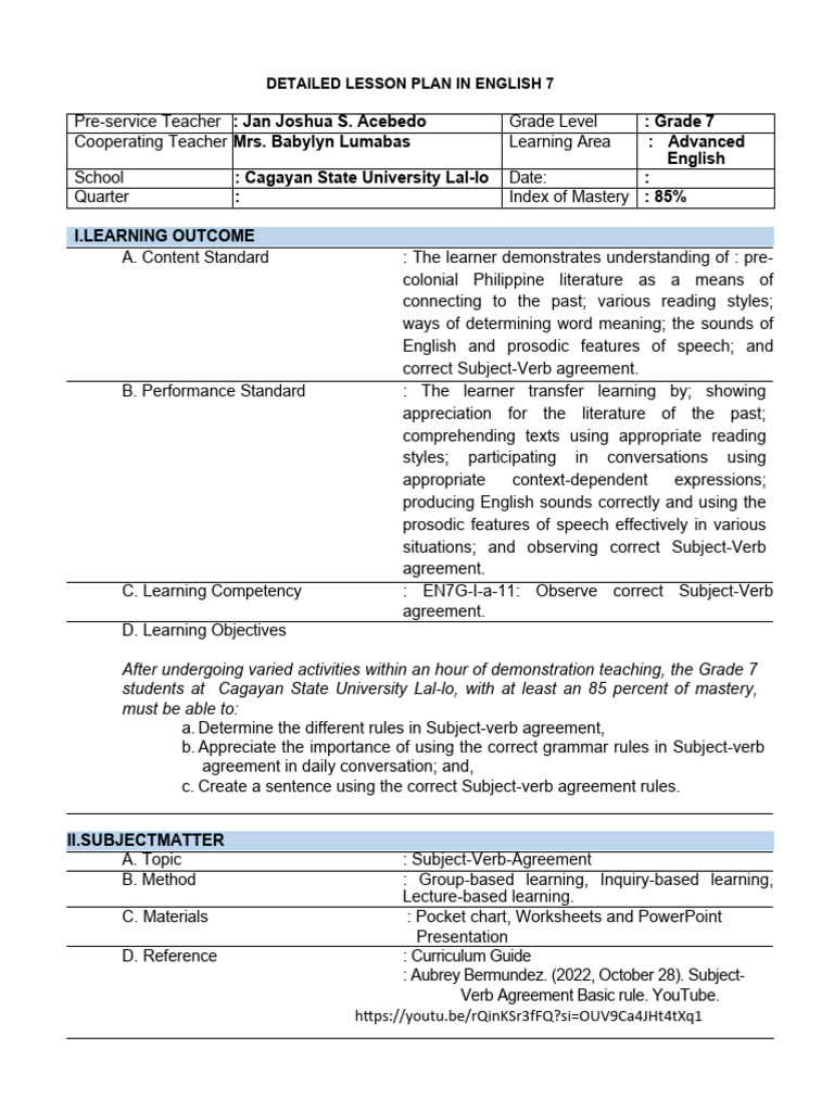 DETAILED LESSON PLAN IN ENGLISH 7 ACEBEDO - Final | PDF | Grammatical ...