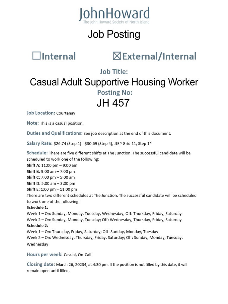 Job Posting Adult Supportive Housing Worker Casual JH457 | PDF | Risk ...