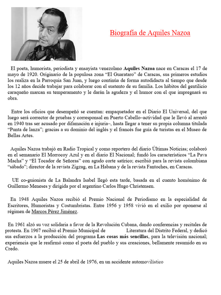 Biografía de Aquiles Nazoa: Vida y Obras | PDF