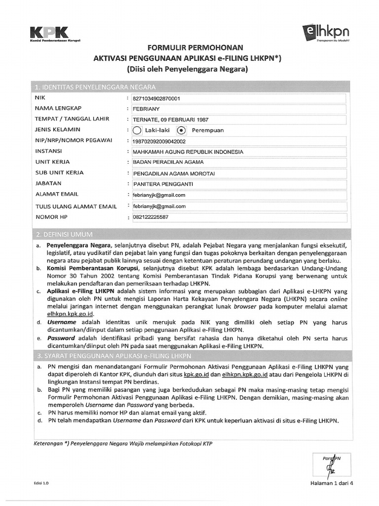 Permohonan Aktivasi LHKPN - Febriany | PDF
