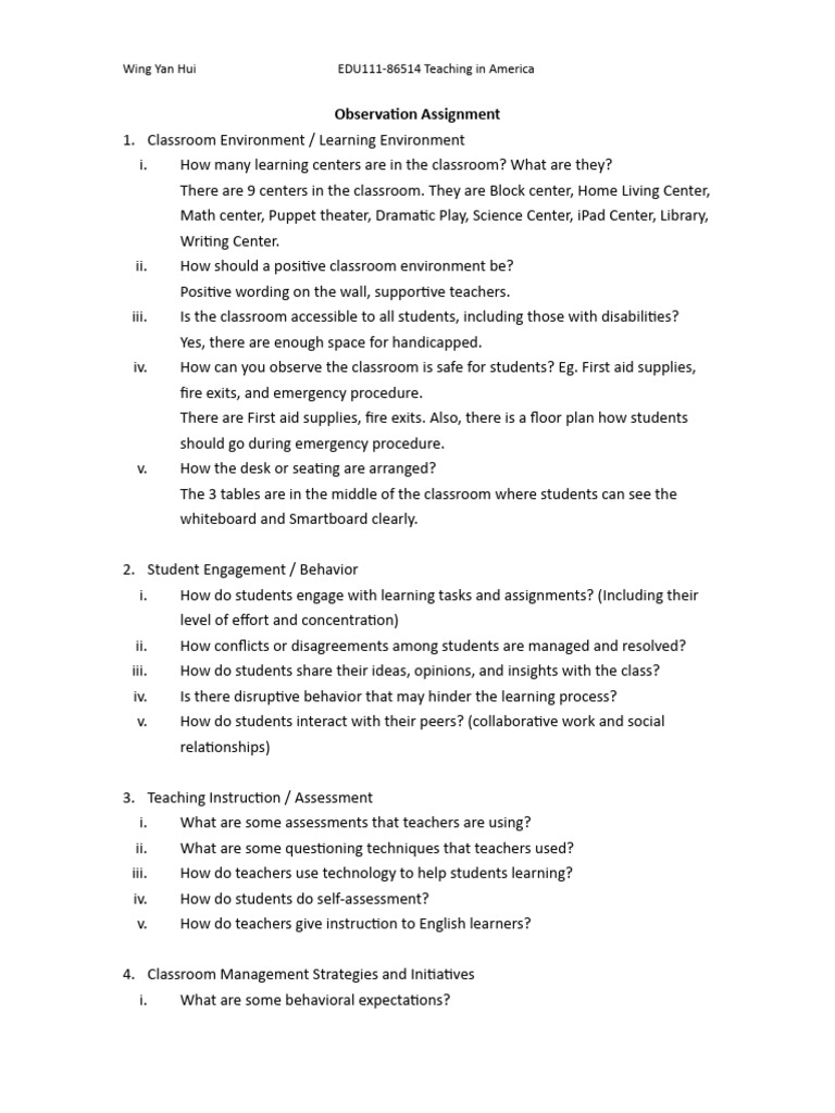 Observation Assignment 5 Observation Goals | PDF | Classroom | Teachers