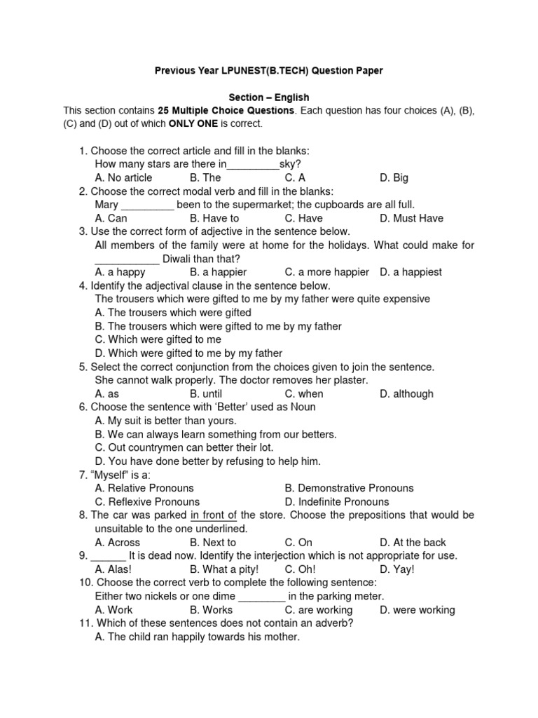 LPUNEST (B.tech) Previous Year Question Paper | Download Free PDF ...