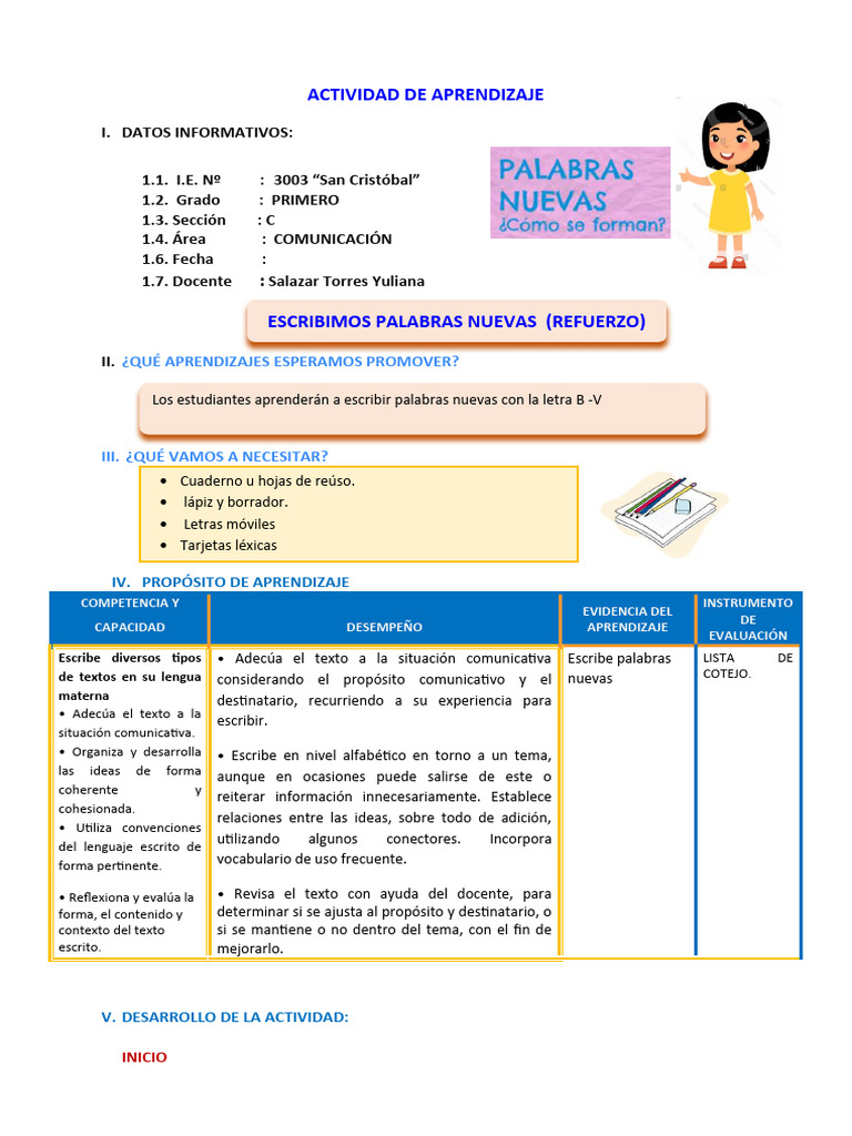 SESION COM Palabras Nuevas 1er Grado | PDF | Evaluación | Comunicación ...