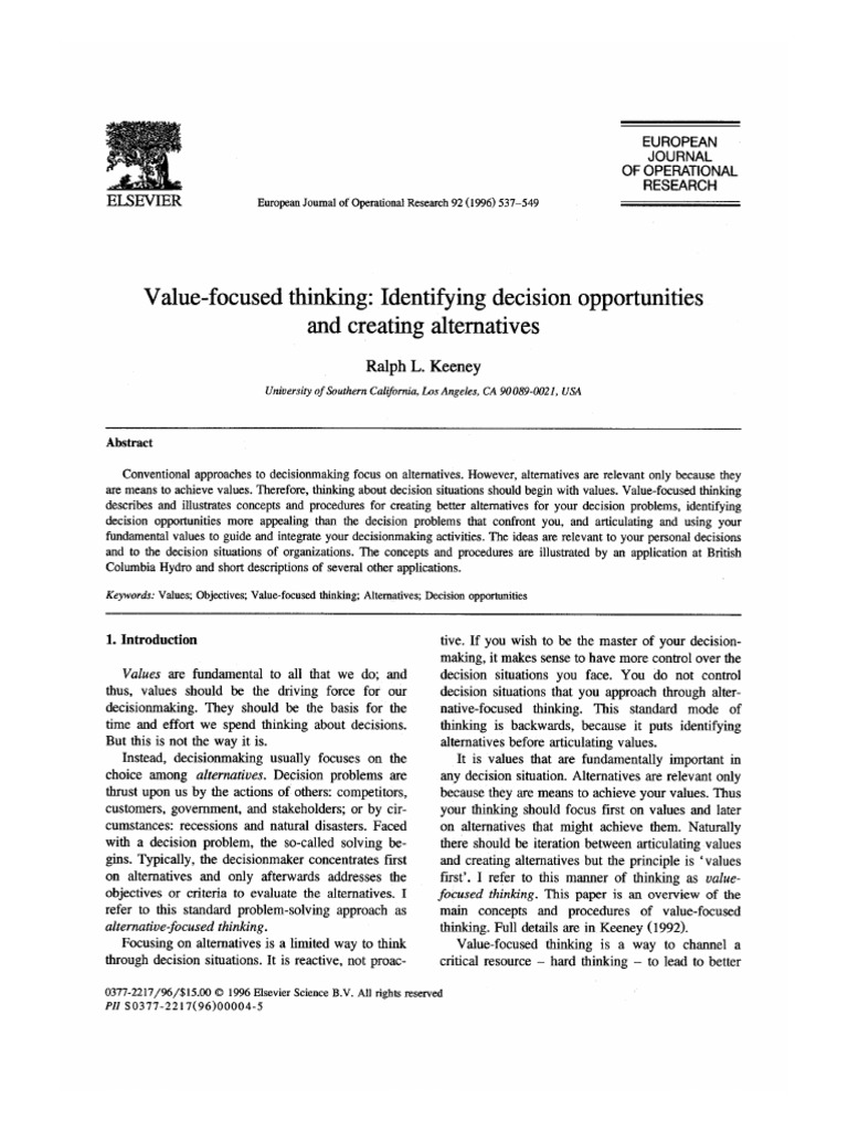 Value-Focused Thinking - Identifying Decision Opportunities and Creating Alternatives | PDF ...