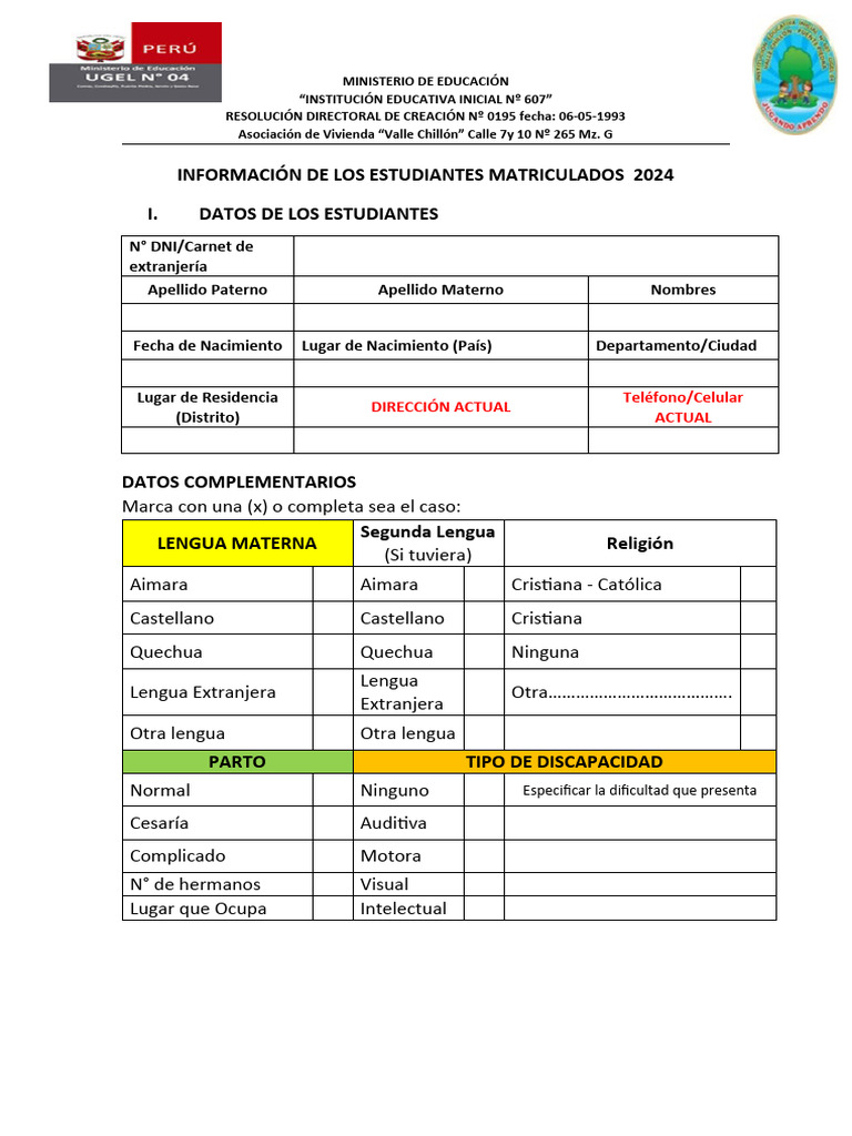 Ficha de Datos del Estudiante 2024 | PDF | Telefonía móvil | Documento ...