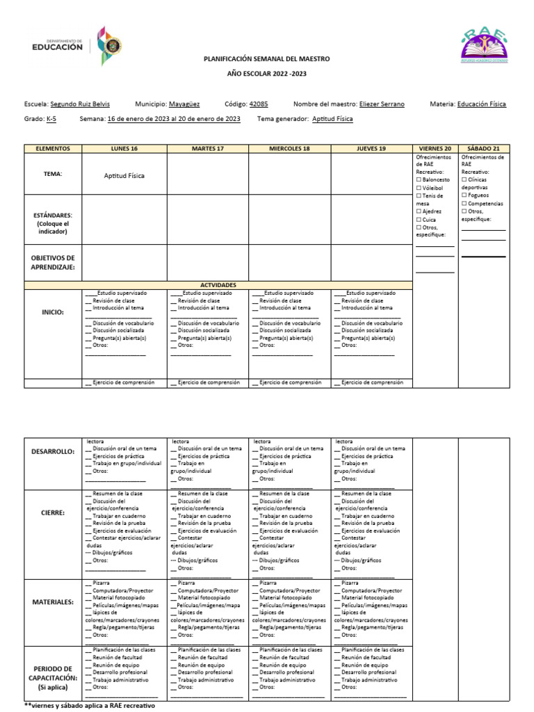 Plantilla Planes Rae | PDF | Aprendizaje