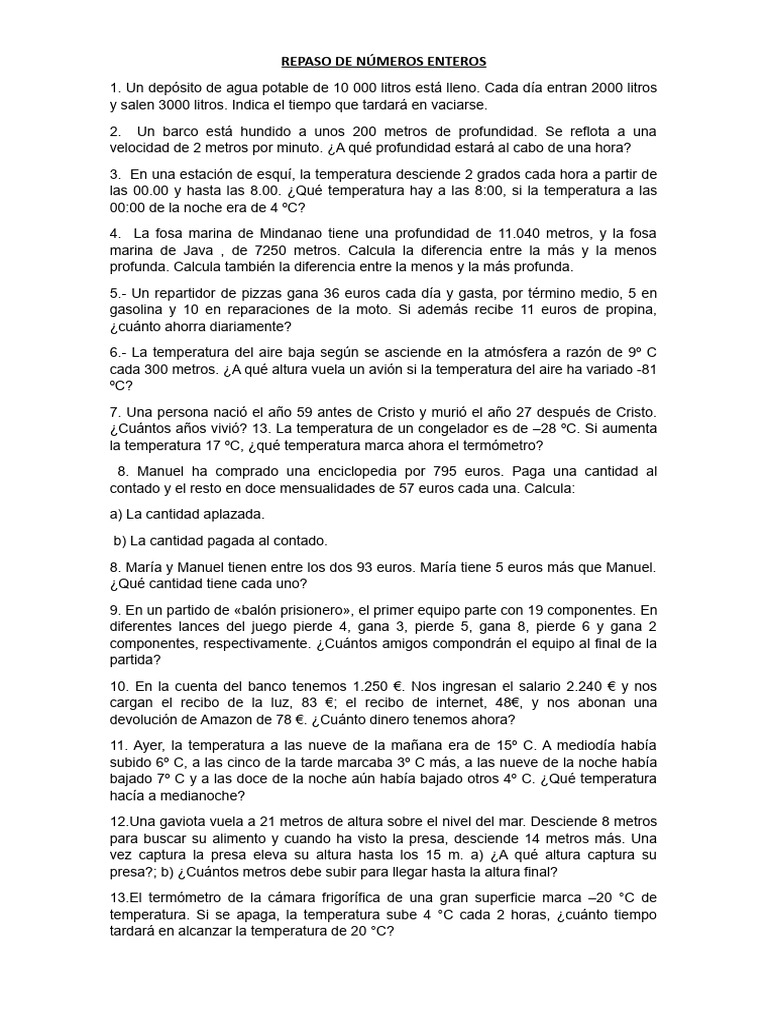 Repaso de Números Enteros | PDF